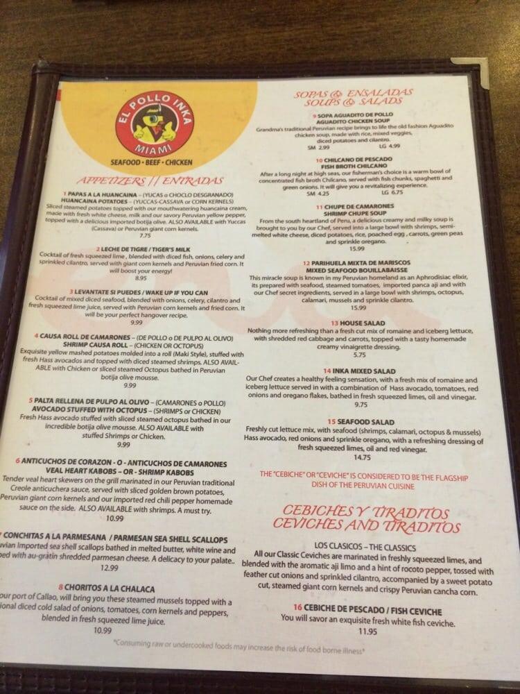 Menu at El Pollo Inka Miami restaurant, Miami, NW 36th St