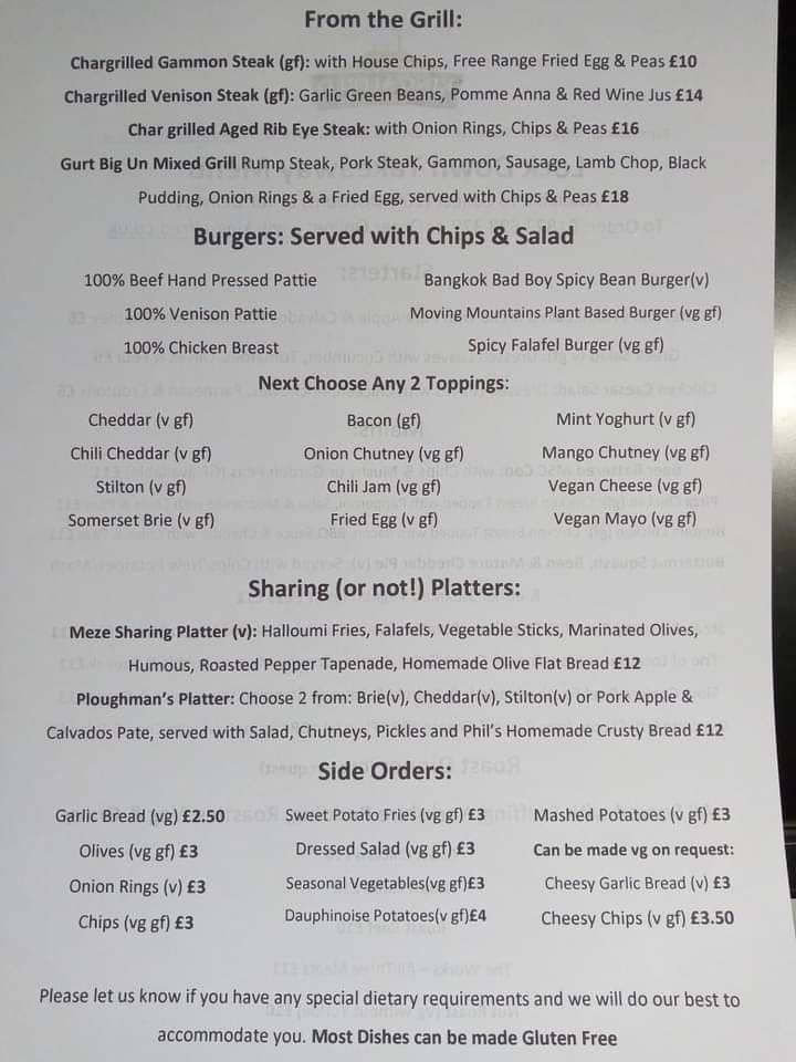 Menu at King Alfred Inn pub & bar, Burrowbridge