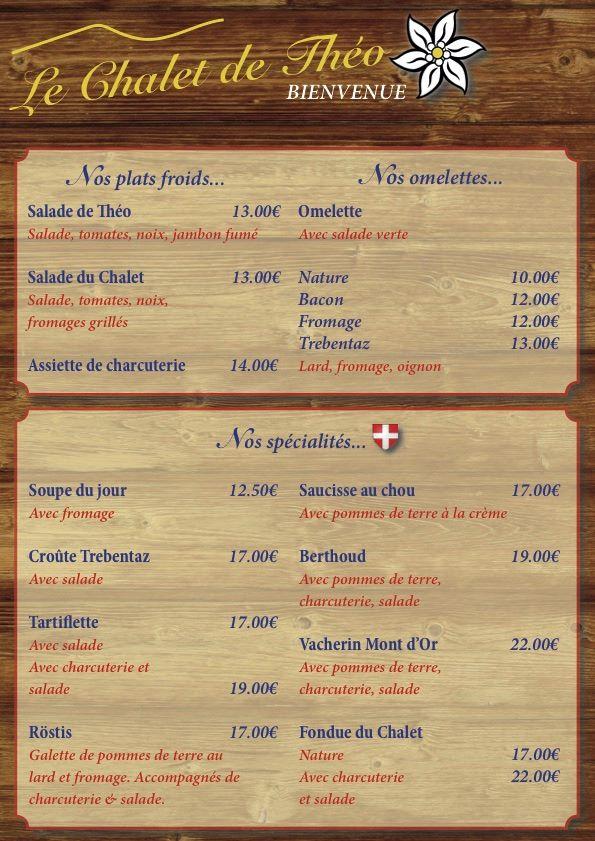 Menu at Chalet de théo restaurant, Châtel, Col du Saix