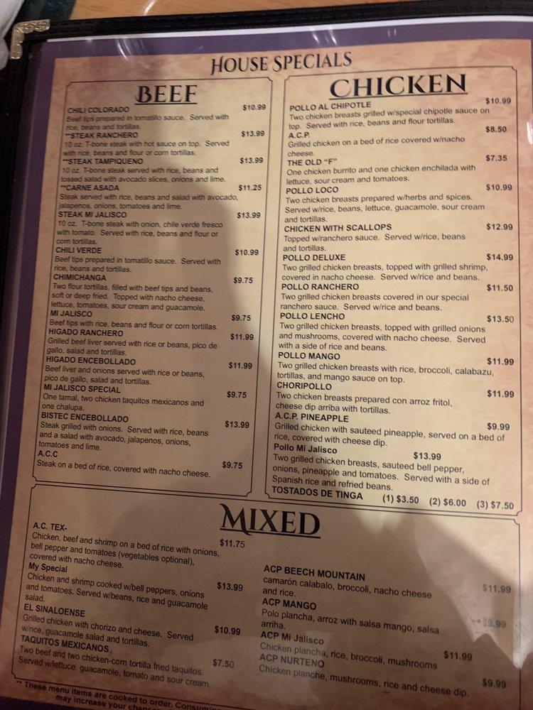 Menu at Mi Jalisco Mexican Grill restaurant, Beech Mountain