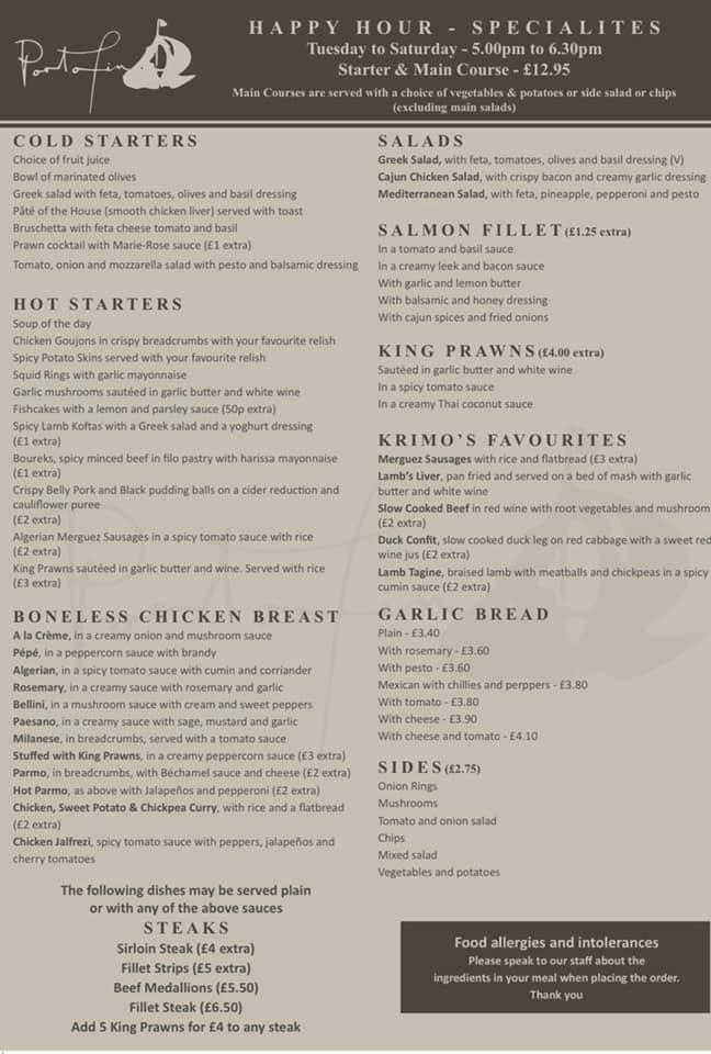 Menu at Portofino restaurant, Hartlepool