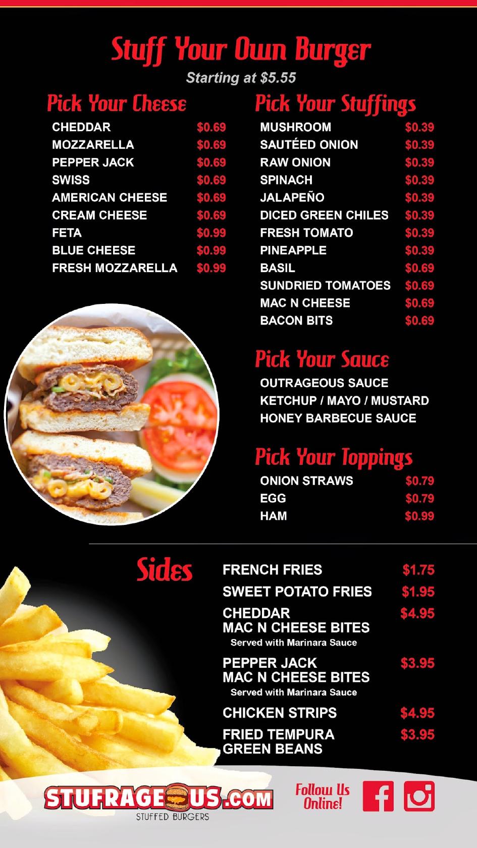 Menu at Stufrageous Stuffed Burgers restaurant, Mesa