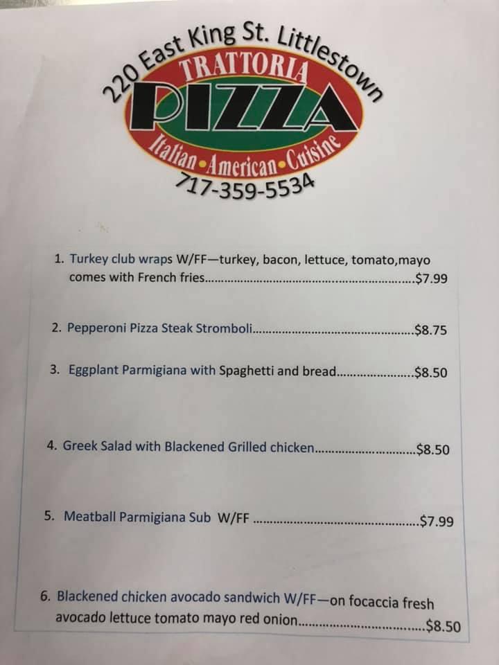 Menu at Trattoria Pizza pizzeria, Littlestown