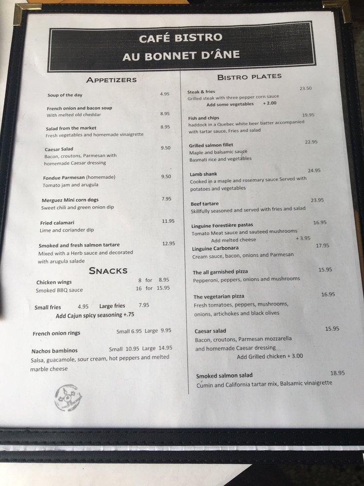 Menu au Cafe-Bistro Au Bonnet D'âne, Québec, 298 Rue Saint Jean
