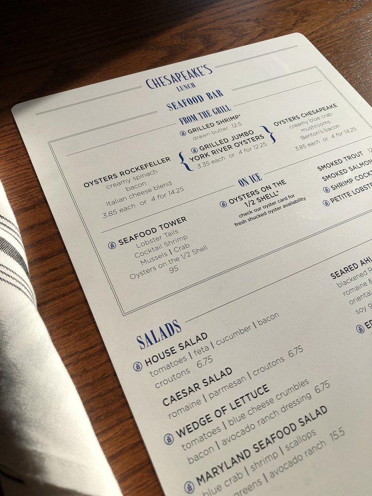 Menu at Chesapeake's Seafood and Raw Bar, Gatlinburg