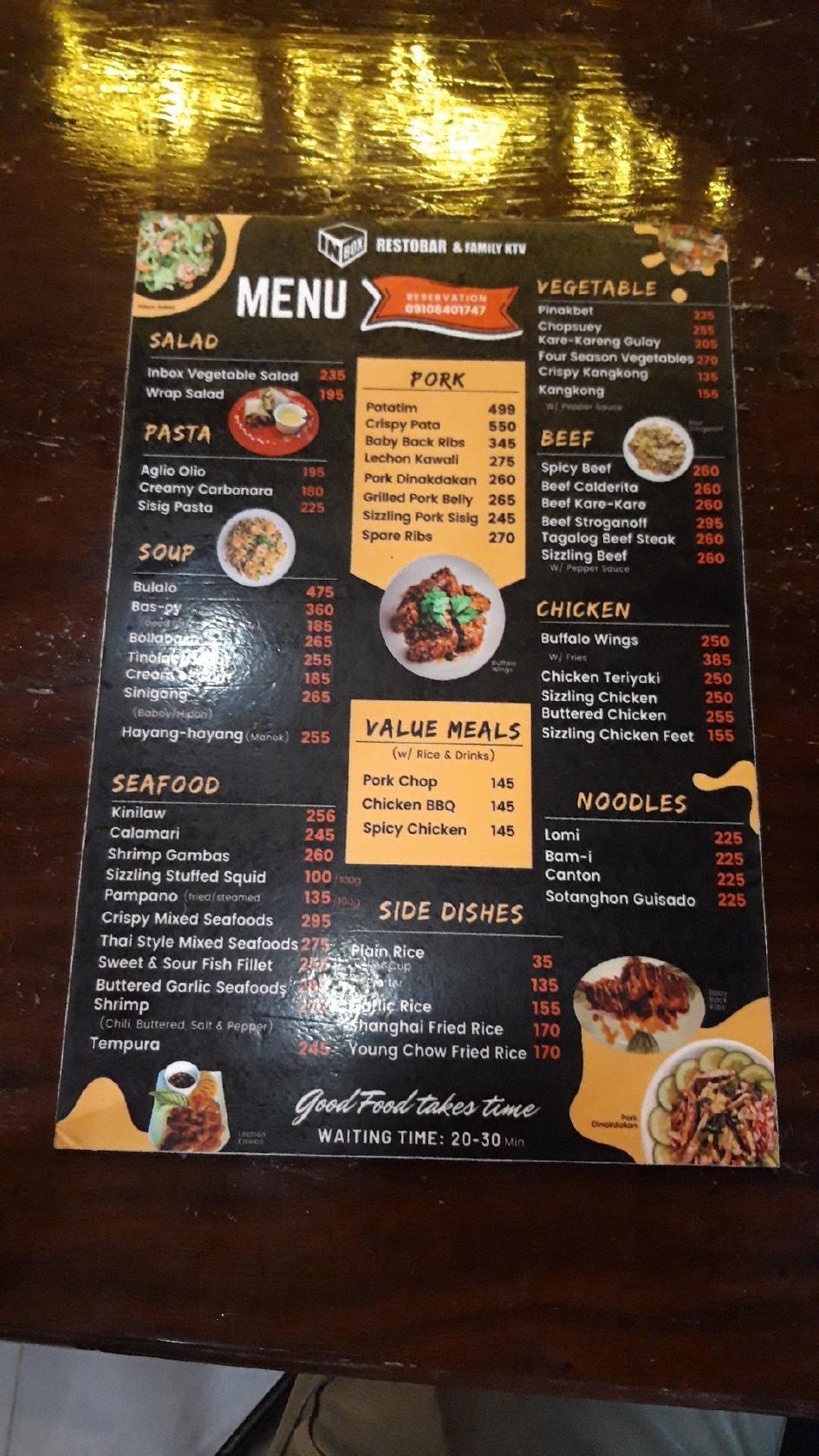 Menu at INBOX Restobar & KTV, Surigao City