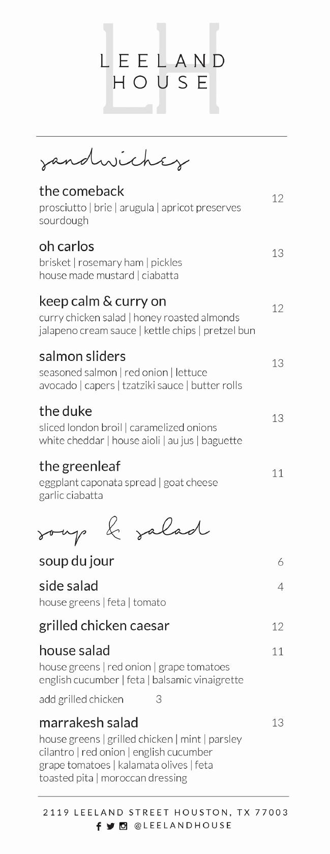 Menu at Leeland House pub & bar, Houston