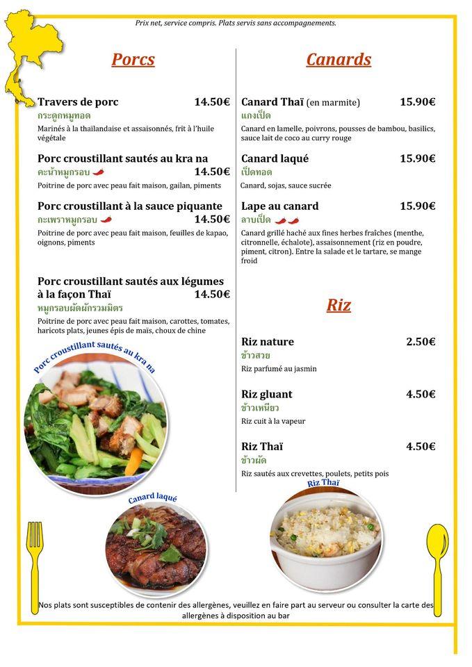 Menu au Muang Thaï restaurant, Colmar