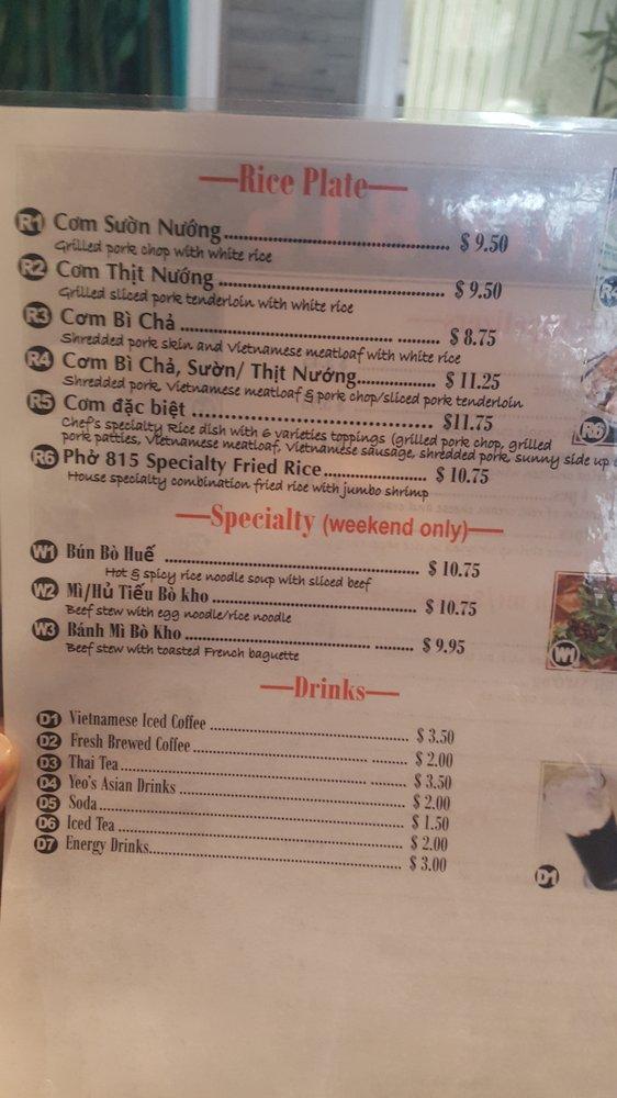 Menu at Pho 815 restaurant, Rockford, E State St