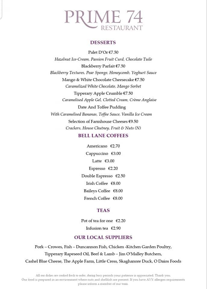Menu at Prime 74 cafe, Tipperary