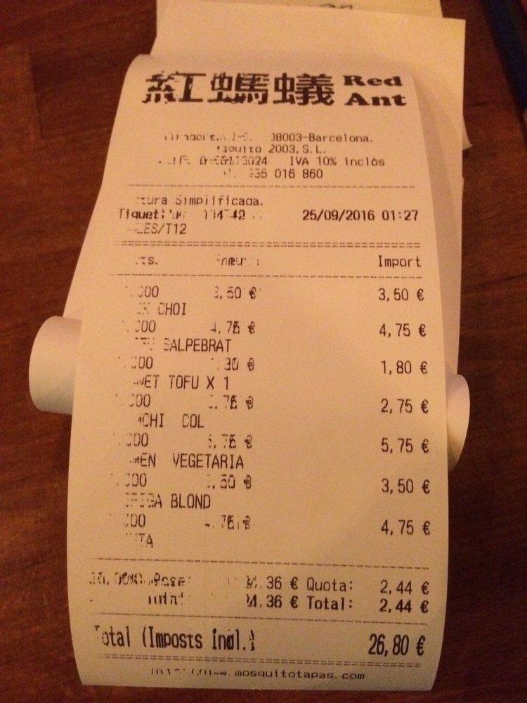 Carta de Red Ant Noodle Bar, Barcelona, Carrer dels Tiradors