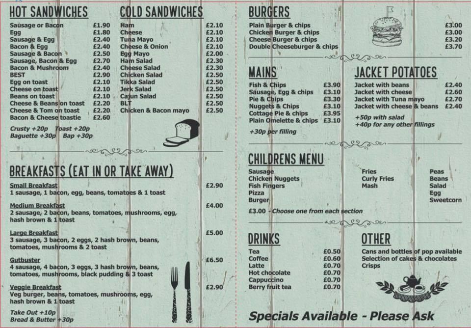 Menu at The Cafe, Wolverhampton, 1 Showell Circus