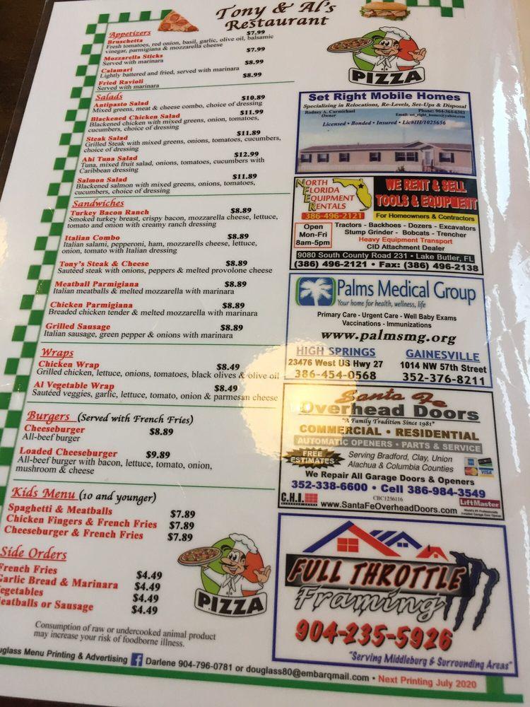 Menu at Tony and Al's Deli pizzeria, Alachua