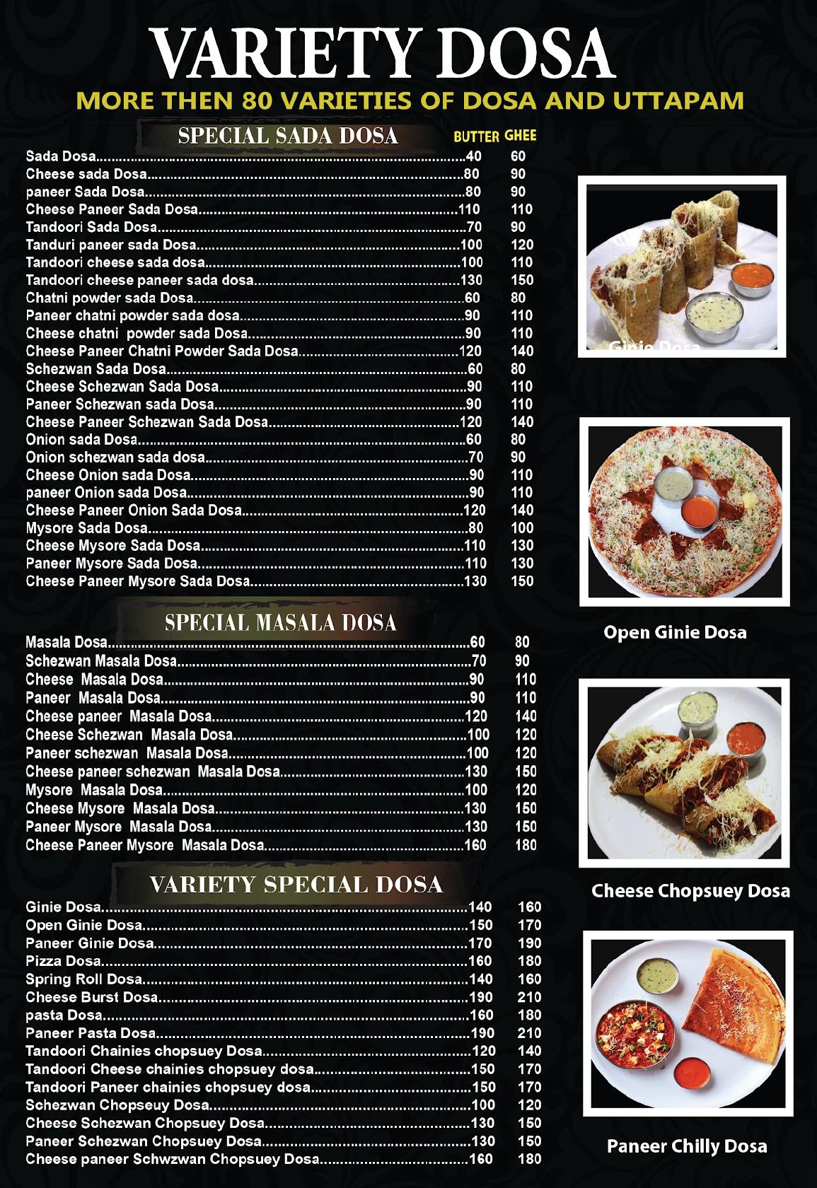 Menu at VARIETY DOSA....80 VARIETIES OF DOSA, UTTAPAM, SANDWICH, PIZZA ...