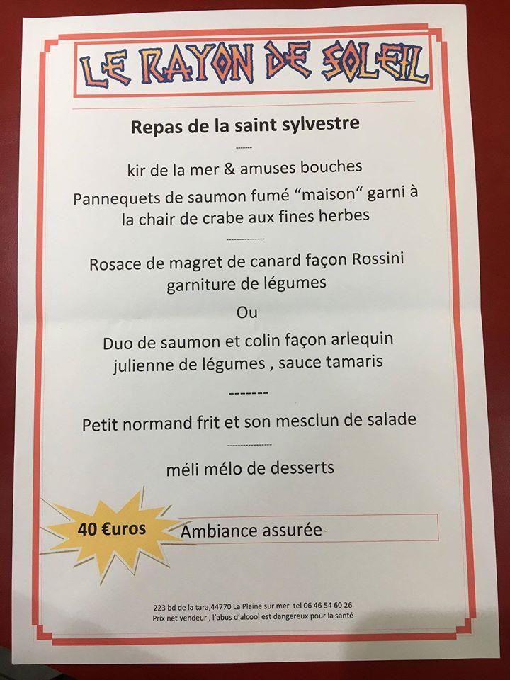 Menu au le rayon de soleil pub et bar, La Plaine-sur-Mer