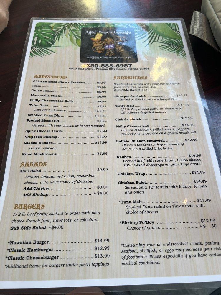 Menu at The Alibi Beach Lounge & Grill pub & bar, Panama City Beach