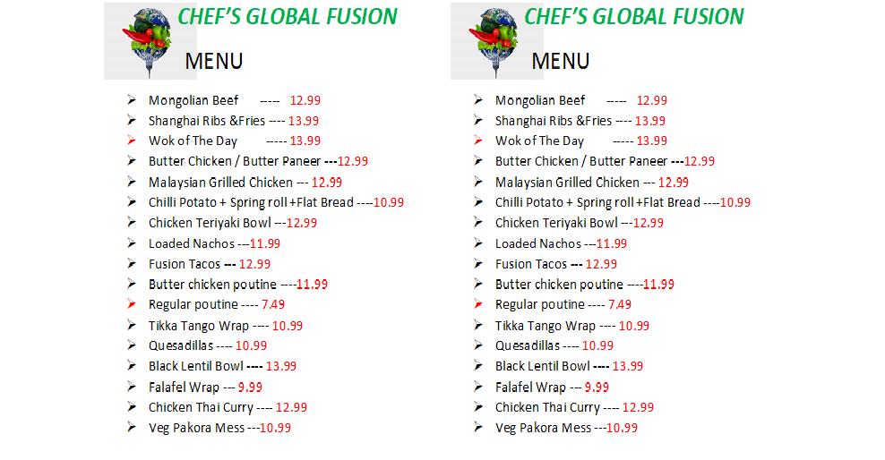 Menu at Chef's Global Fusion restaurant, Terrace, Bristol Rd