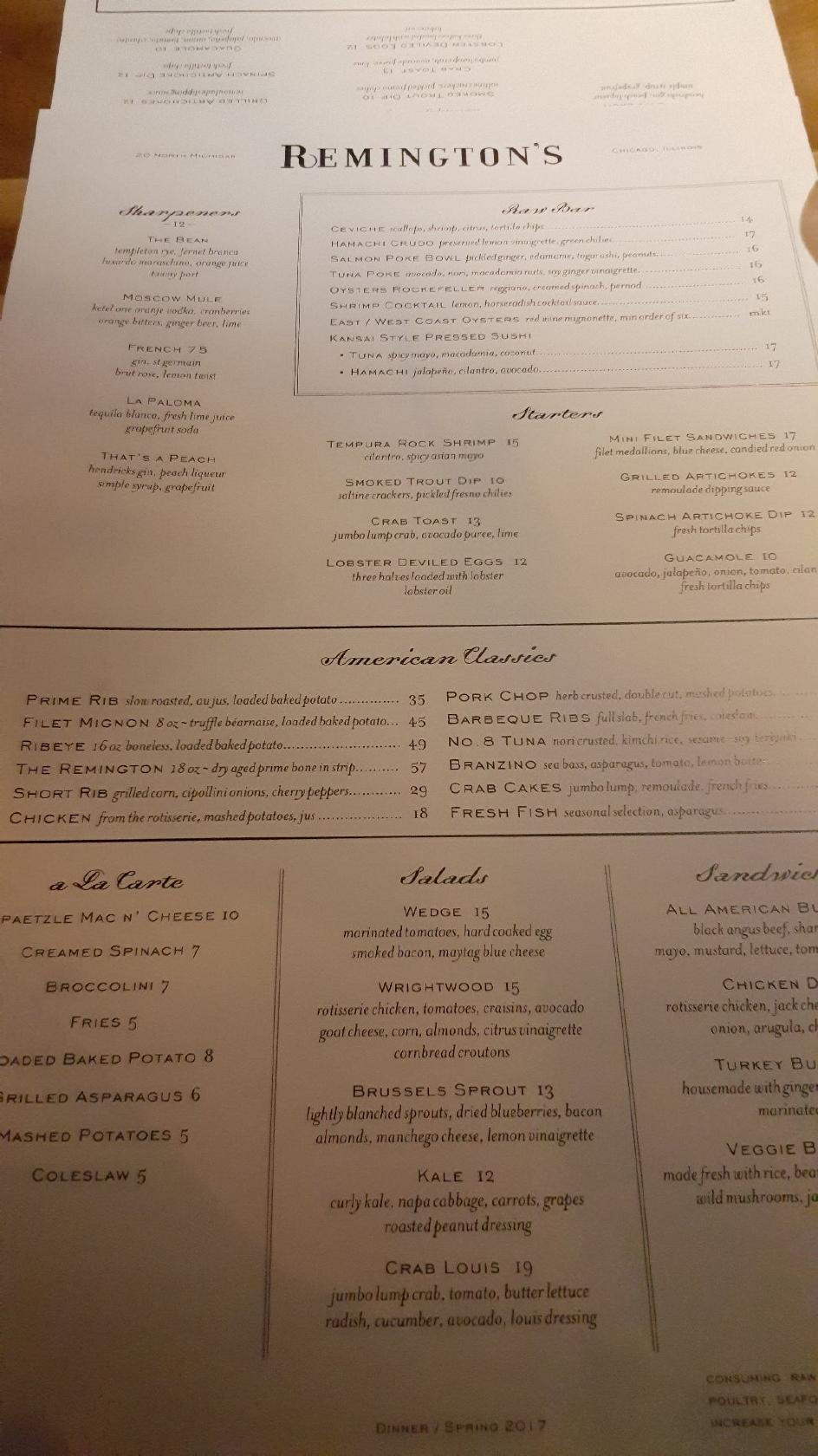 Menu at Remington's steakhouse, Chicago