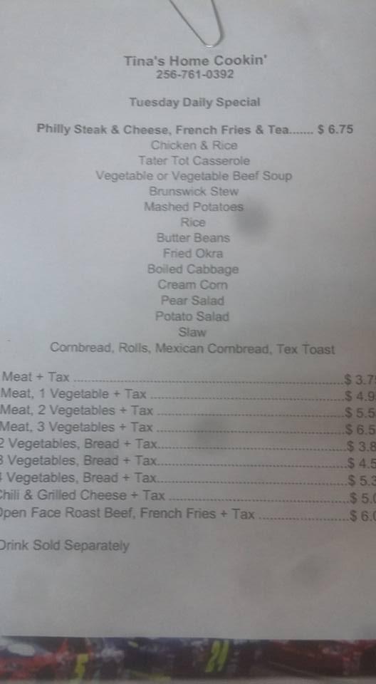 Menu at Tina's Home Cookin' restaurant, Talladega