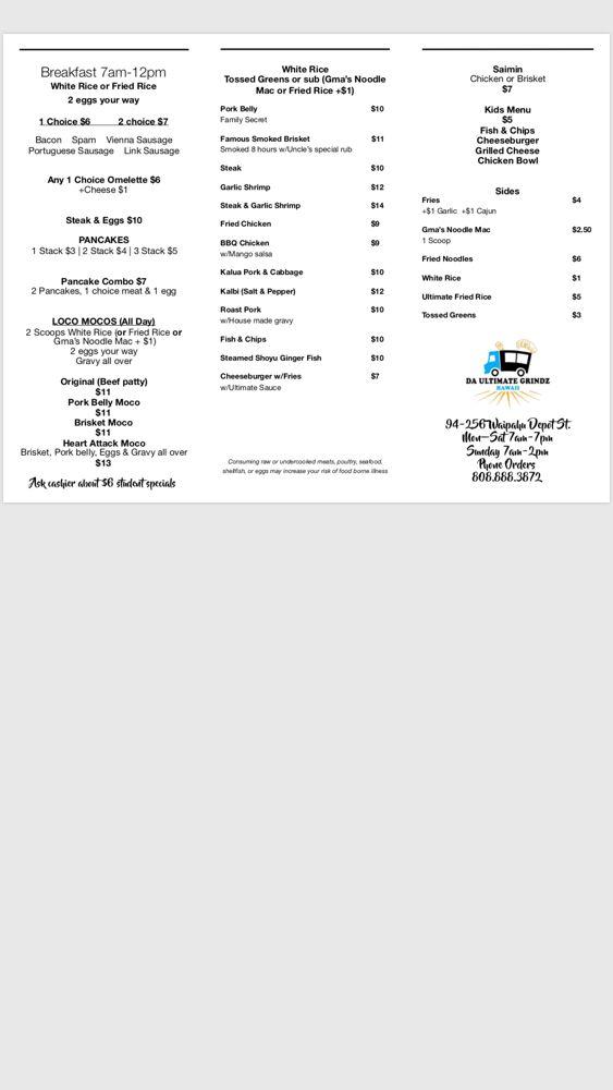 Menu at Da Ultimate Grindz Hawaii BBQ, Waipahu