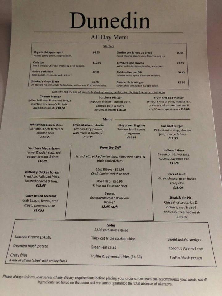 Menu at Dunedin Country House restaurant, Patrington