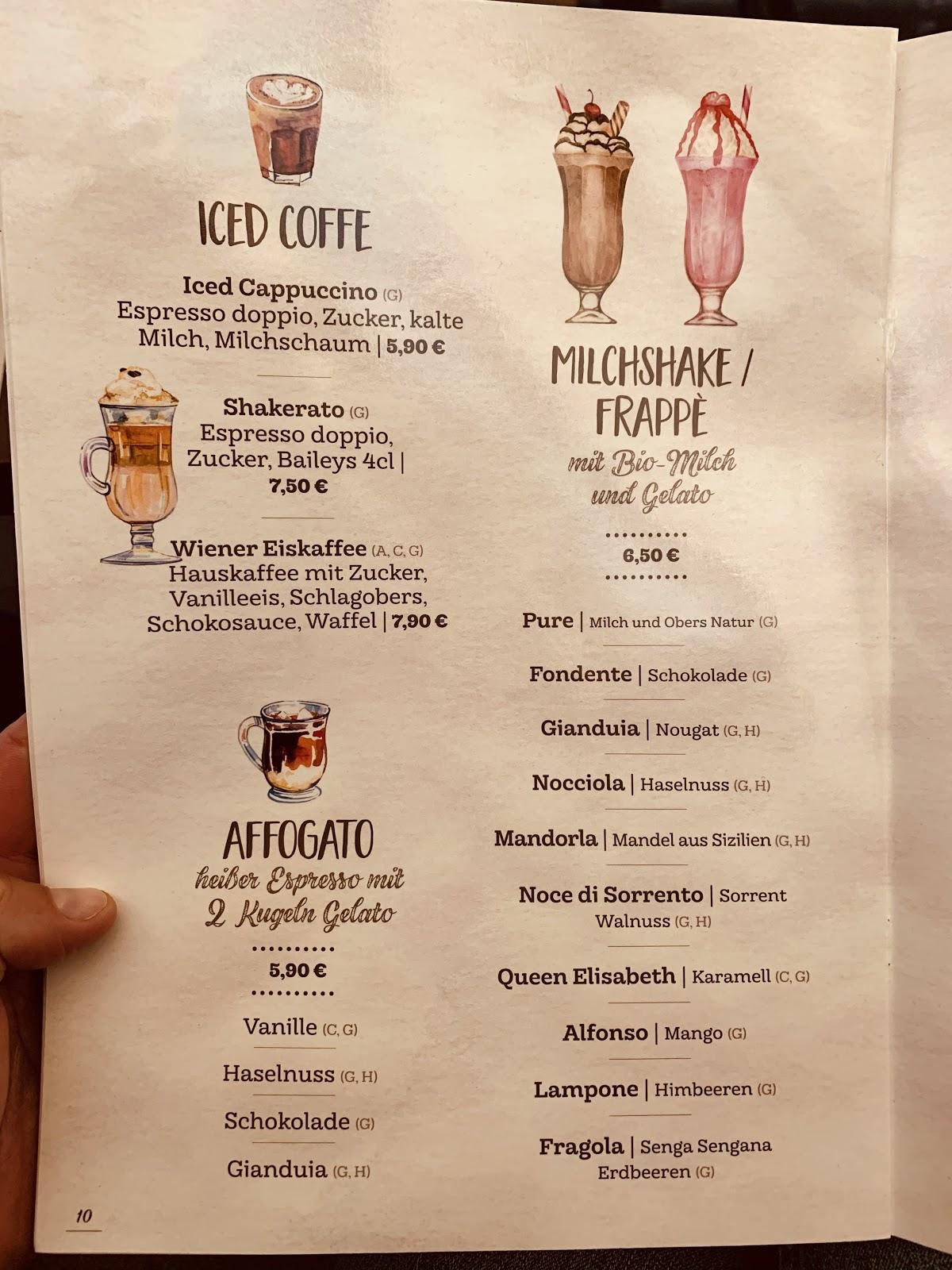 Menu at Ferrari Gelato cafe, Vienna