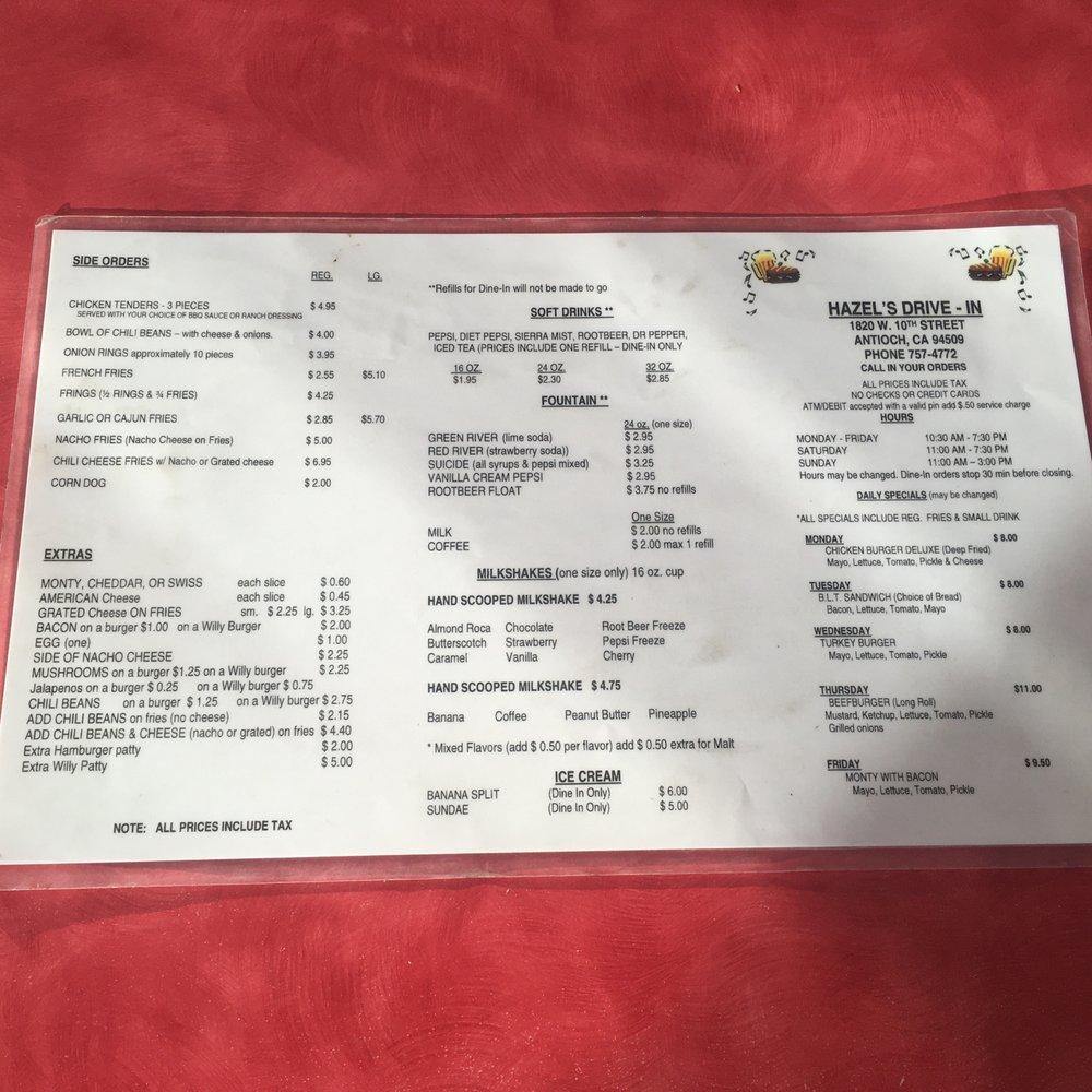 Menu at Hazel's Drive In restaurant, Antioch