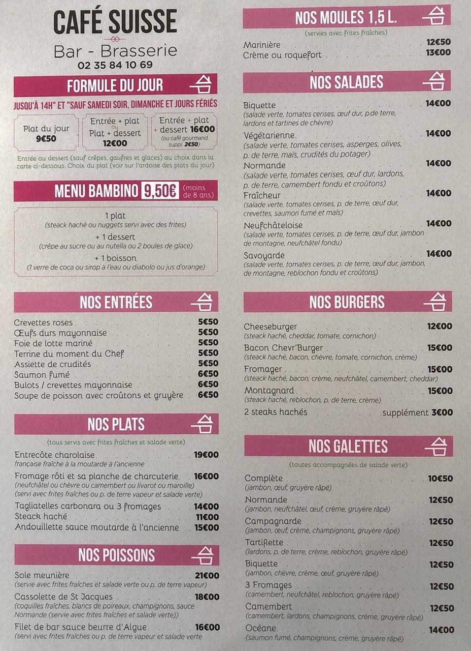 Menu au Le Café Suisse, Dieppe