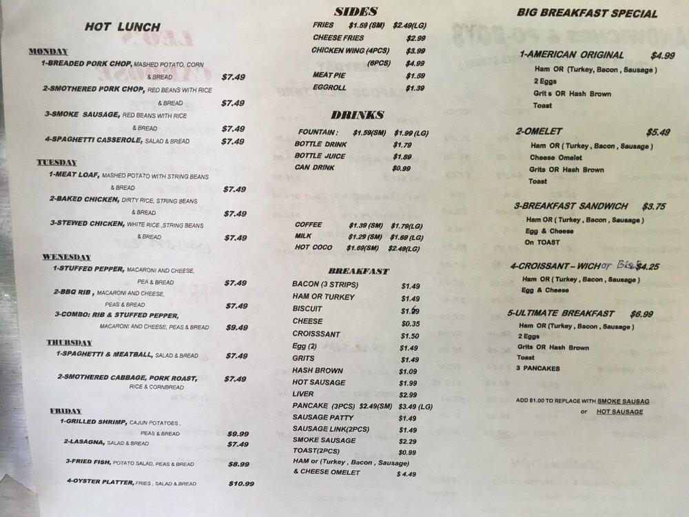Menu at Leo Caboose restaurant, New Orleans