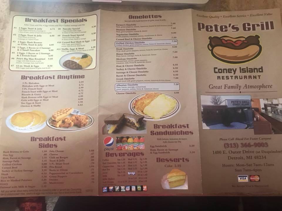 Menu at Pete's Grill restaurant, Detroit