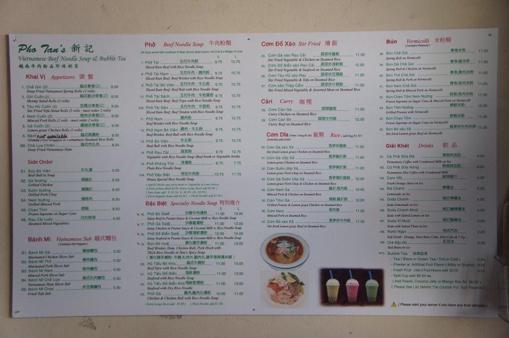 Menu at Pho Tan Vietnamese Restaurant Beef Noodle Soup & Bubble Tea ...