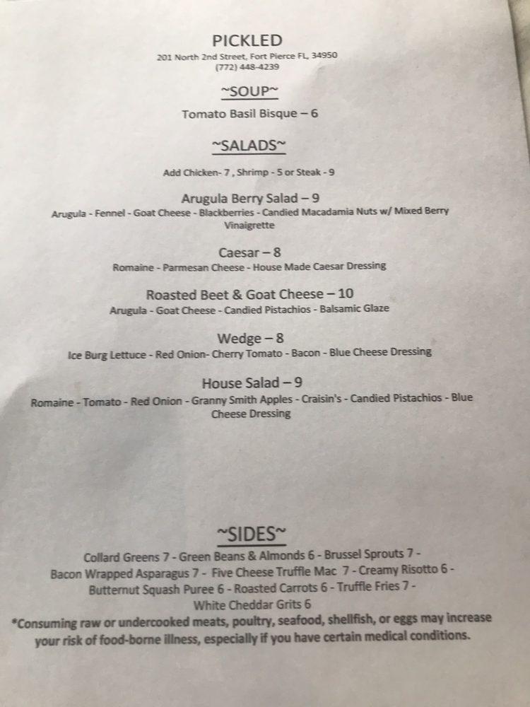 Menu at Pickled pub & bar, Fort Pierce