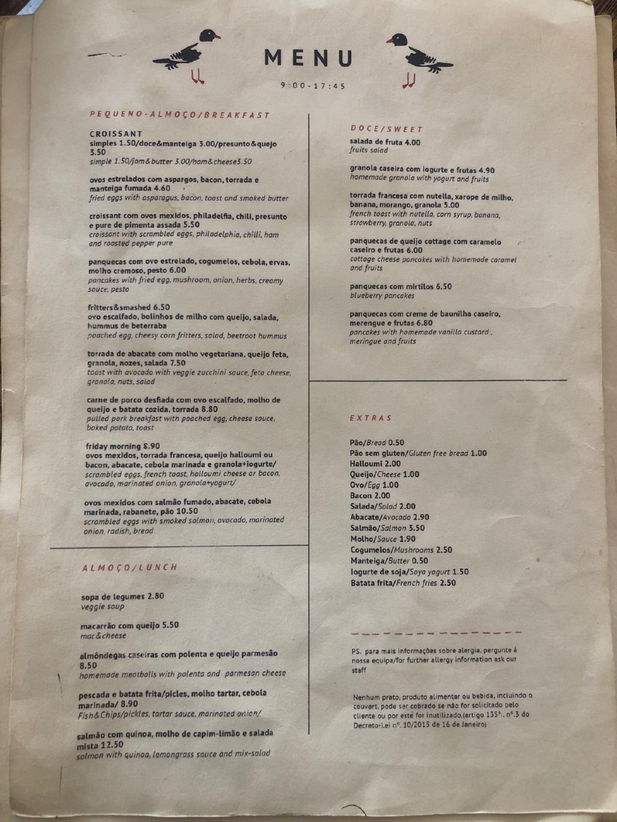 Menu at Seagull Method Cafe, Lisbon