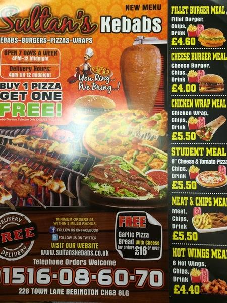 Menu at Sultan's Kebab fast food, Birkenhead