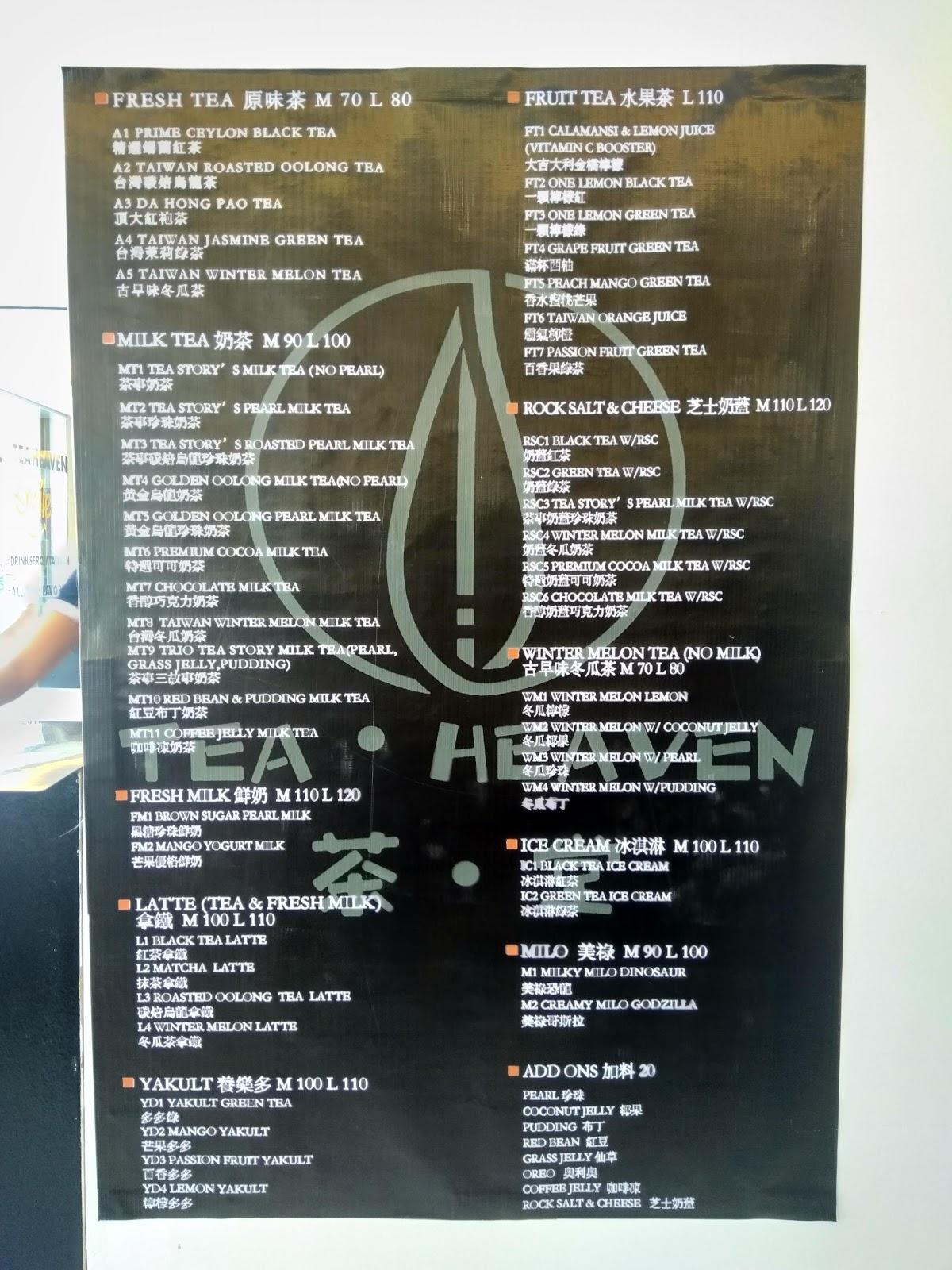 Carta de Tea Heaven Cafe Davao, Dávao