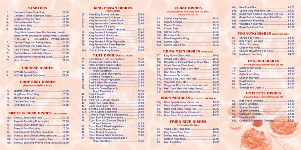 Menu at Bowan Chinese Take-Away restaurant, Daventry