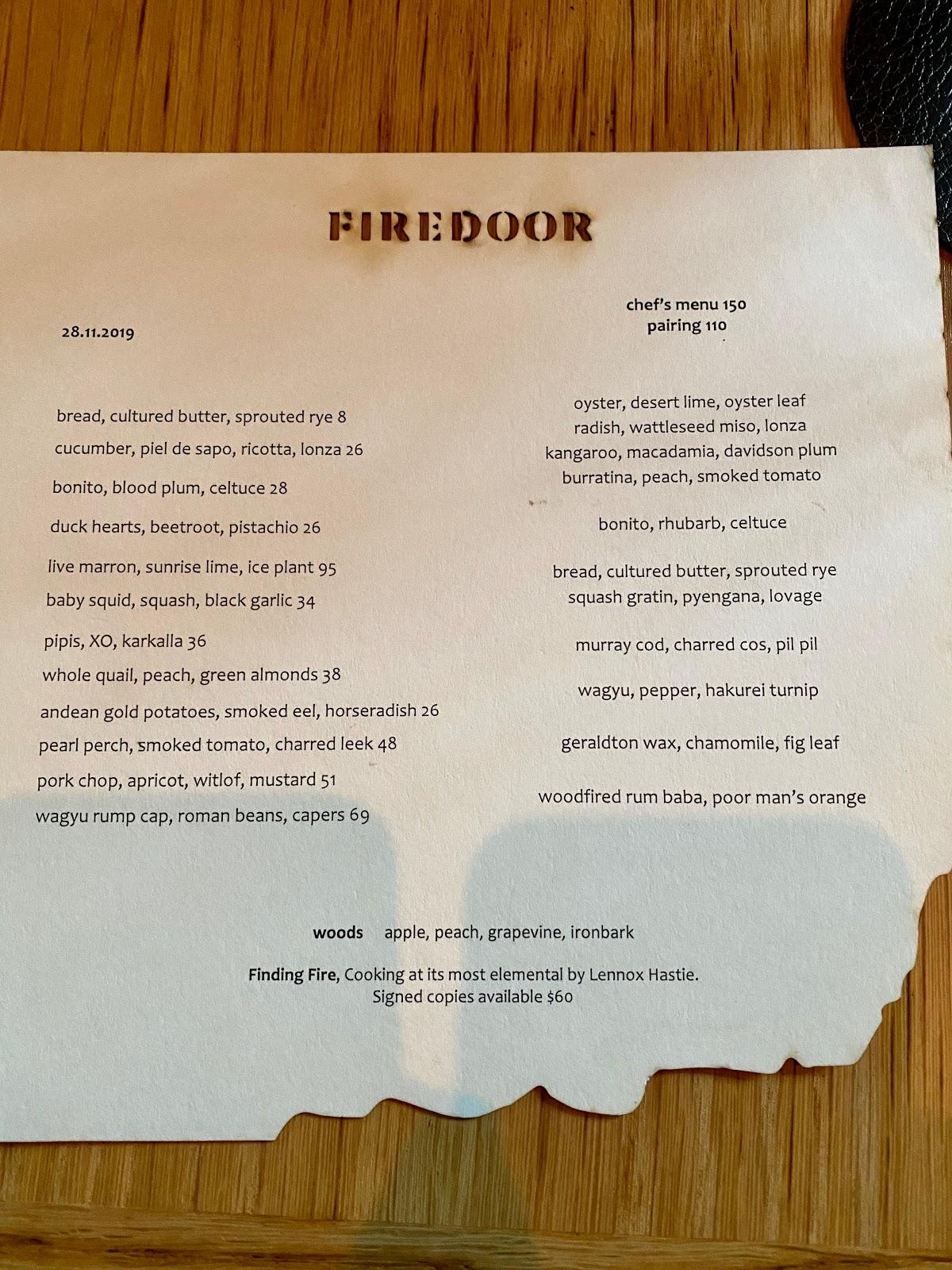 Menu at Firedoor Restaurant, Surry Hills