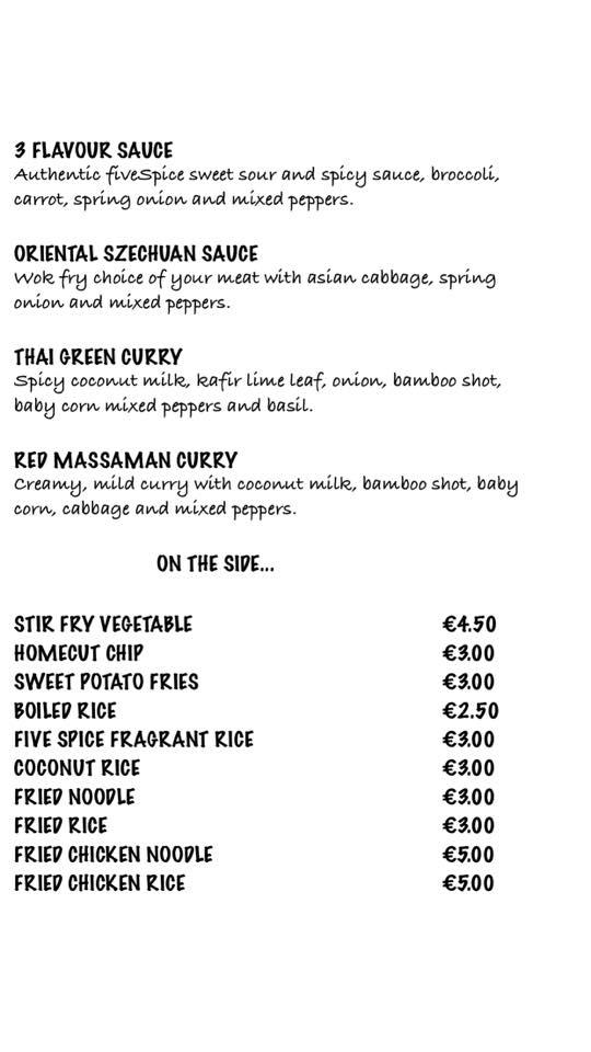 Menu at Five Spice Restaurant, Ireland