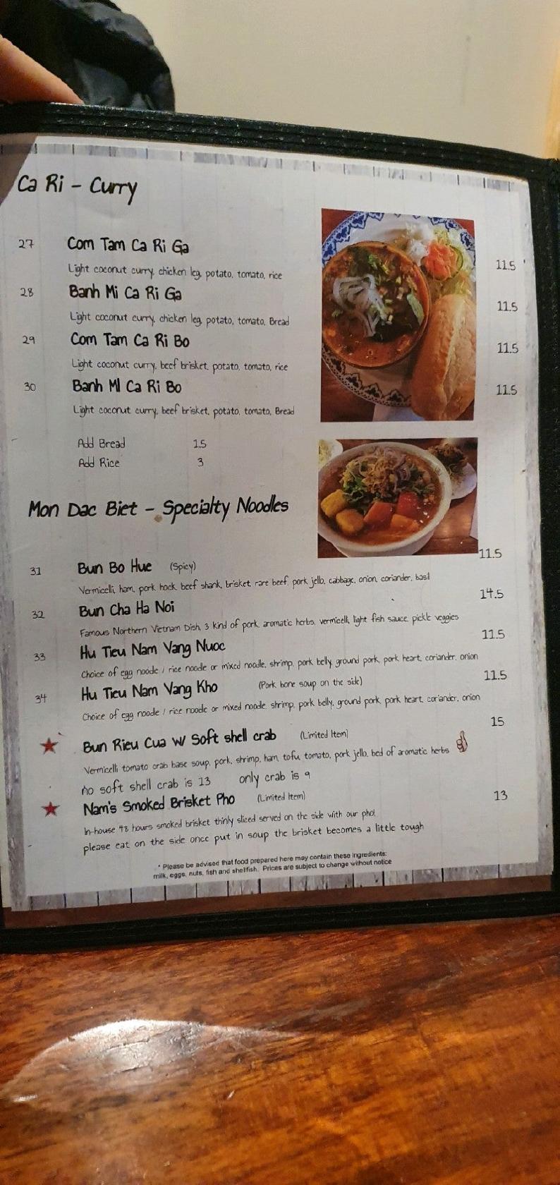 Menu at Nam Richmondhill restaurant, Richmond Hill