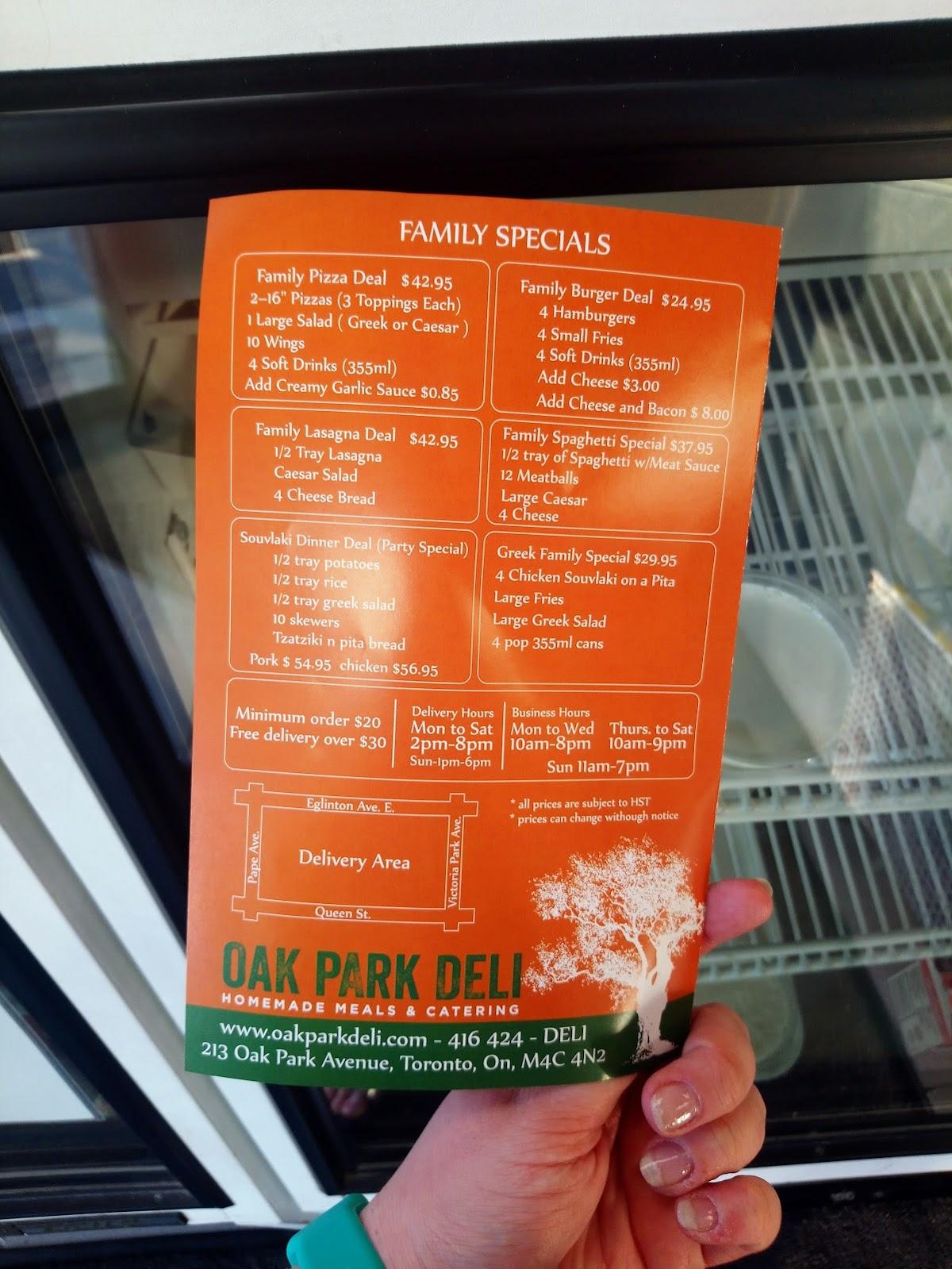 Menu at Oak Park Deli restaurant, Toronto