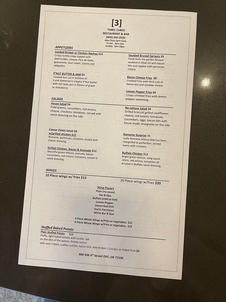 Menu at 3 Cubed Restaurant & Bar, Oklahoma City