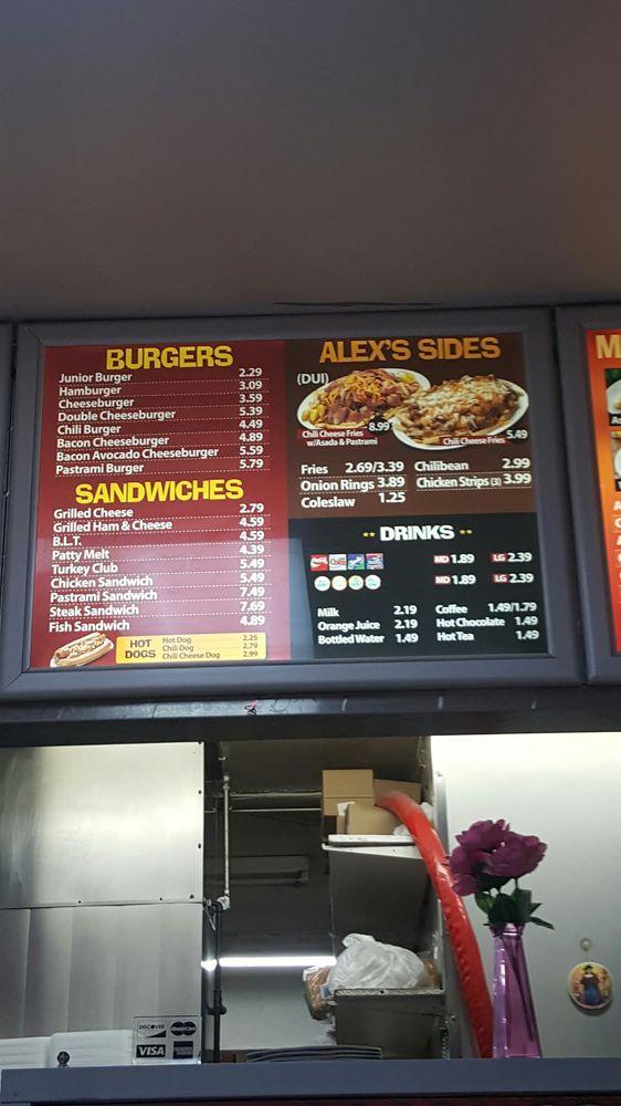 Menu at Alex Burgers restaurant, Los Angeles, E Olympic Blvd