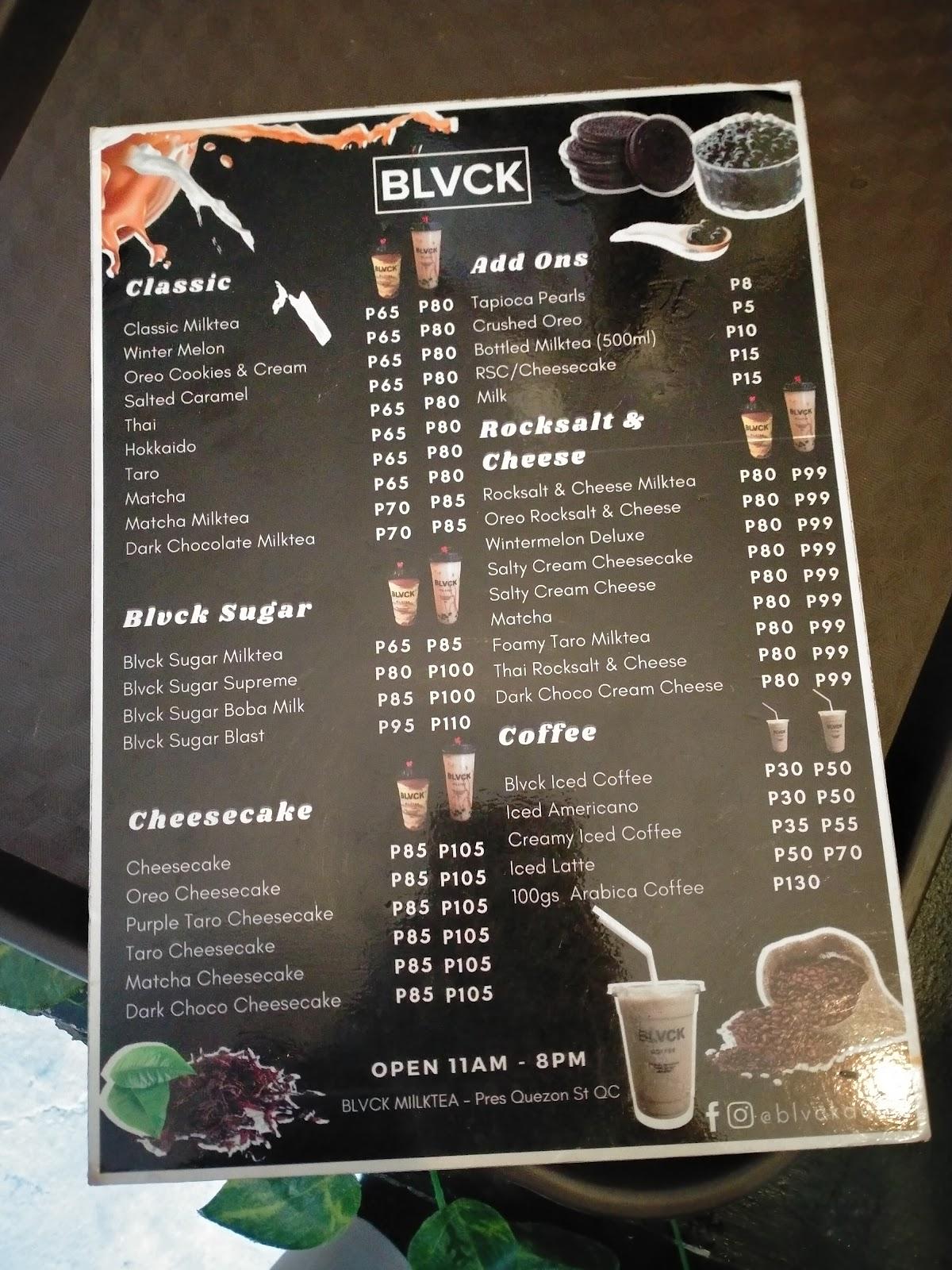 Menu at BLVCK Milktea cafe, Quezon City