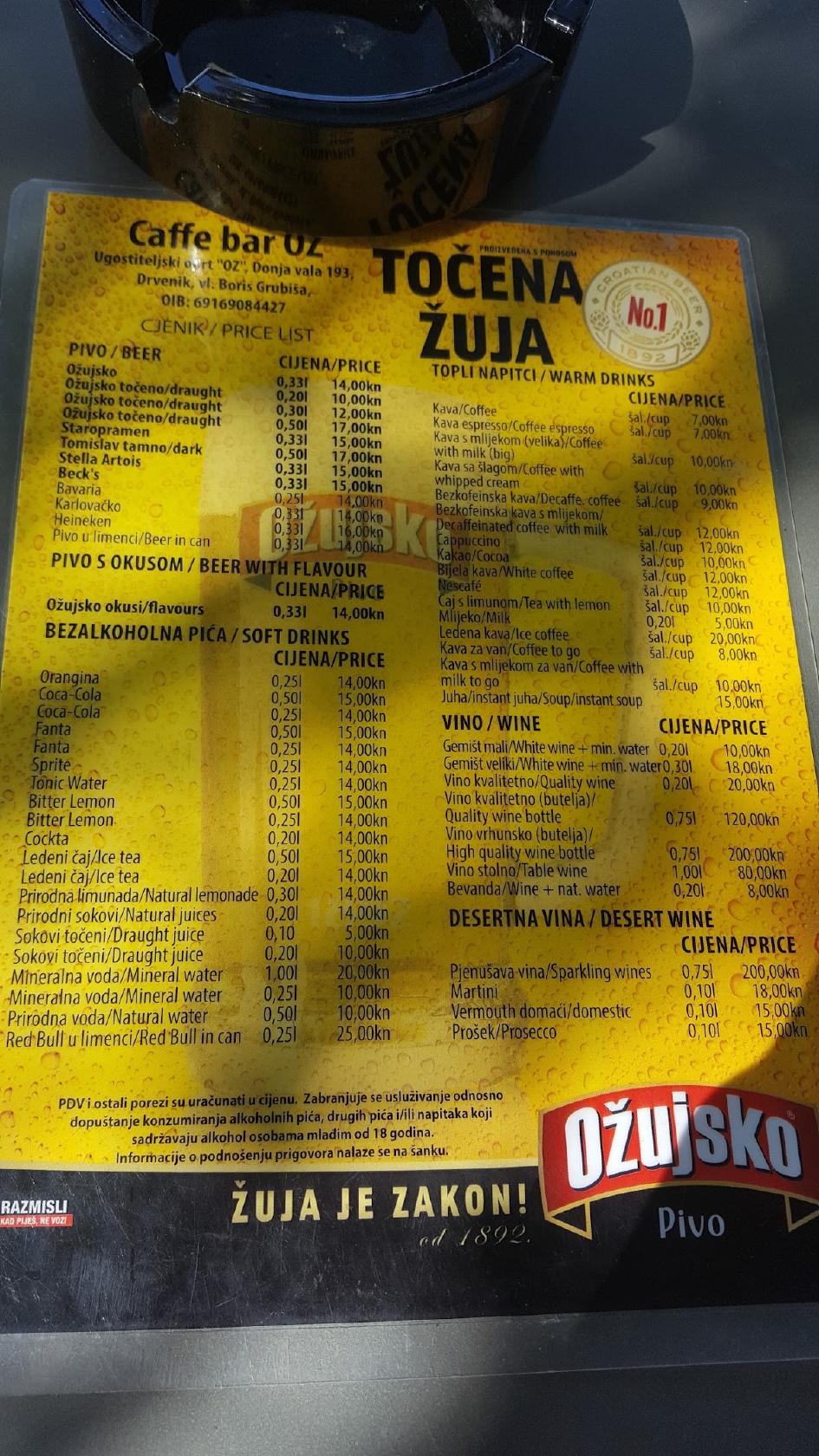 Menu da Caffe bar "OZ", Drvenik