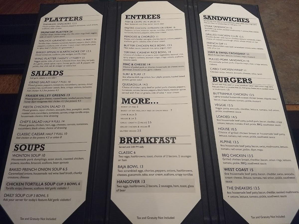 Menu at Sneakers Sports Lounge pub & bar, Abbotsford