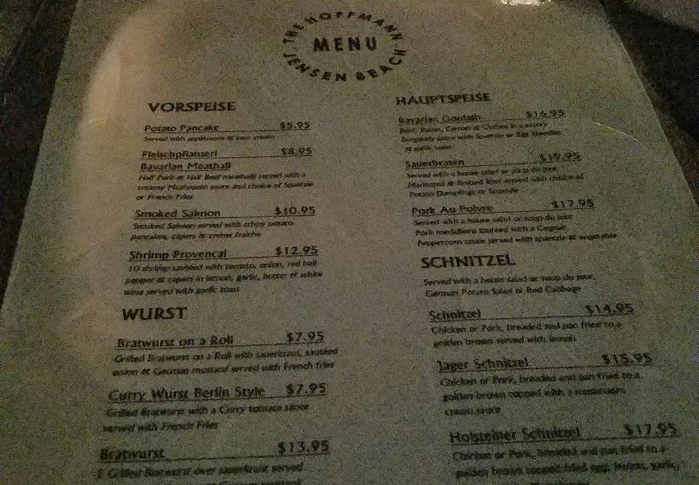 Menu at The Hoffmann restaurant, Jensen Beach