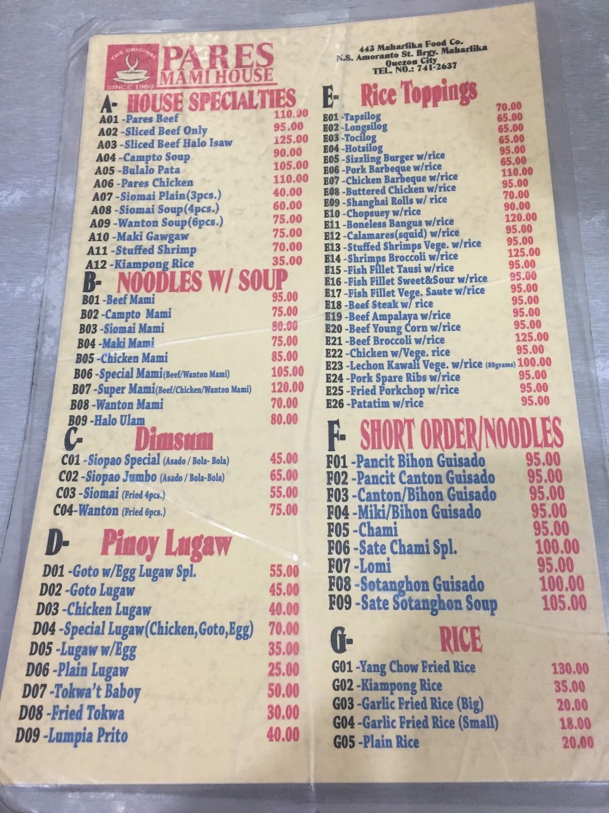 Menu at The Original Pares Mami House (Since 1989) restaurant, Quezon City