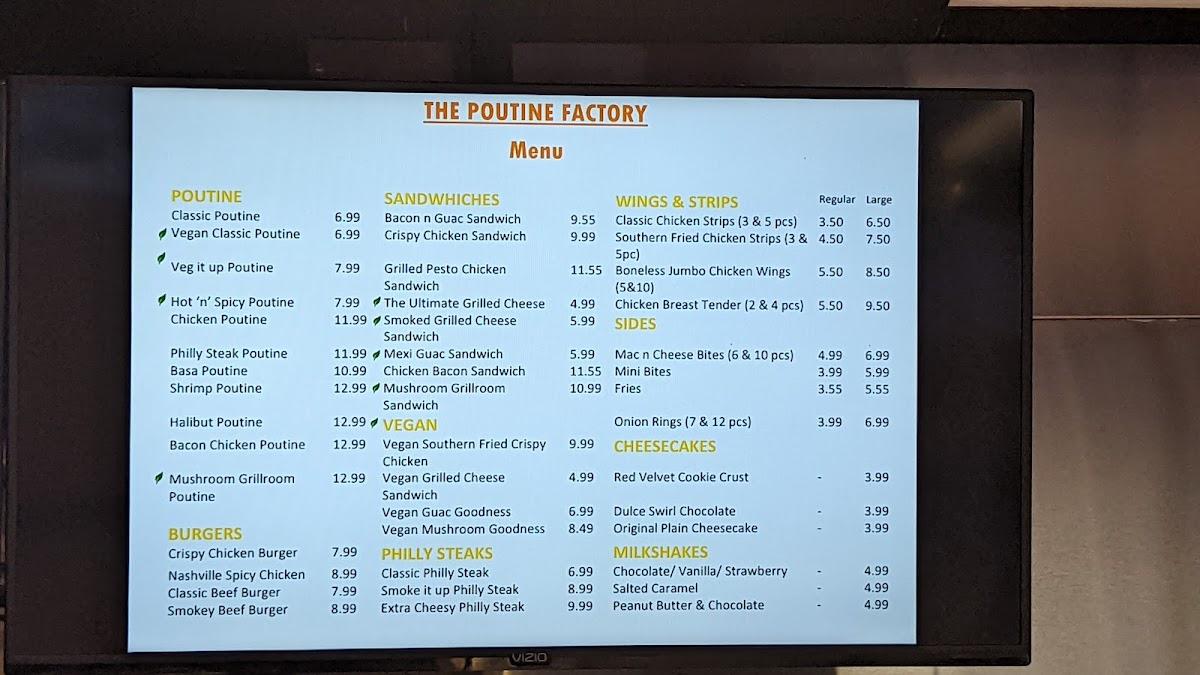 Menu at The Poutine Factory restaurant, Toronto