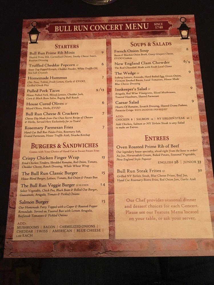 Menu at Bull Run Restaurant, Shirley