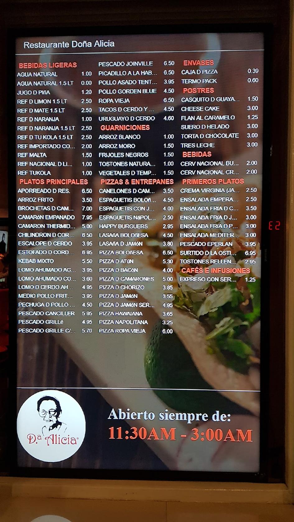 Menu at Doña Alicia restaurant, Havana, 4JJJ+P5P